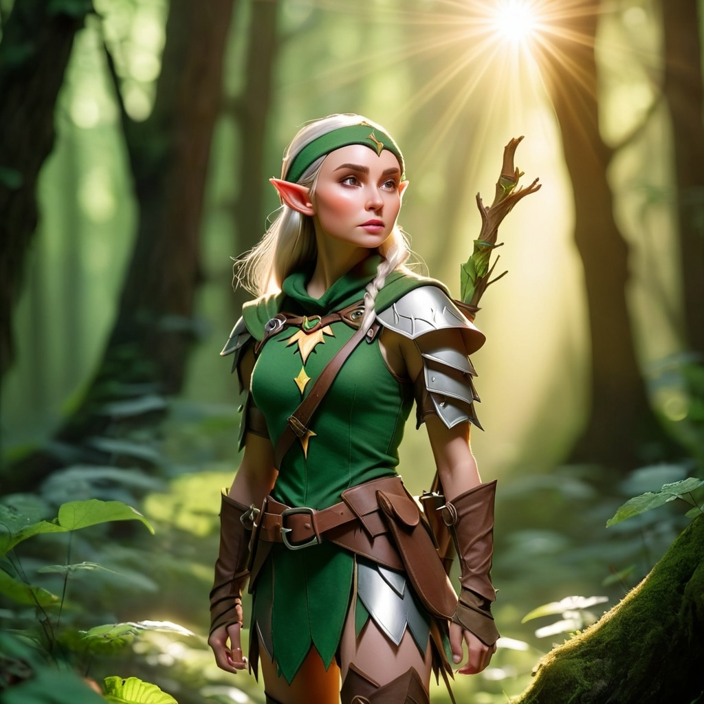 Elf ranger in a mystical forest around sunlight