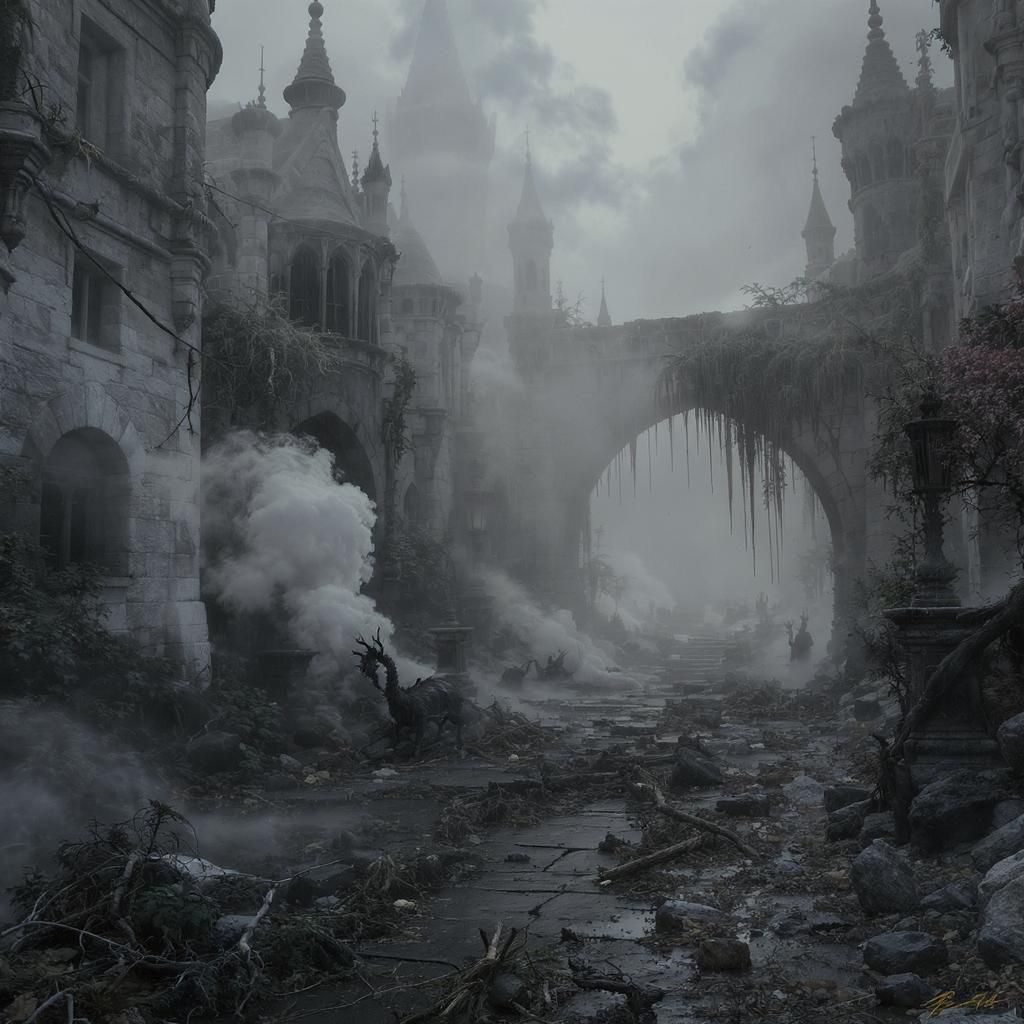 a old fantasy city with ash and mist falling on the...