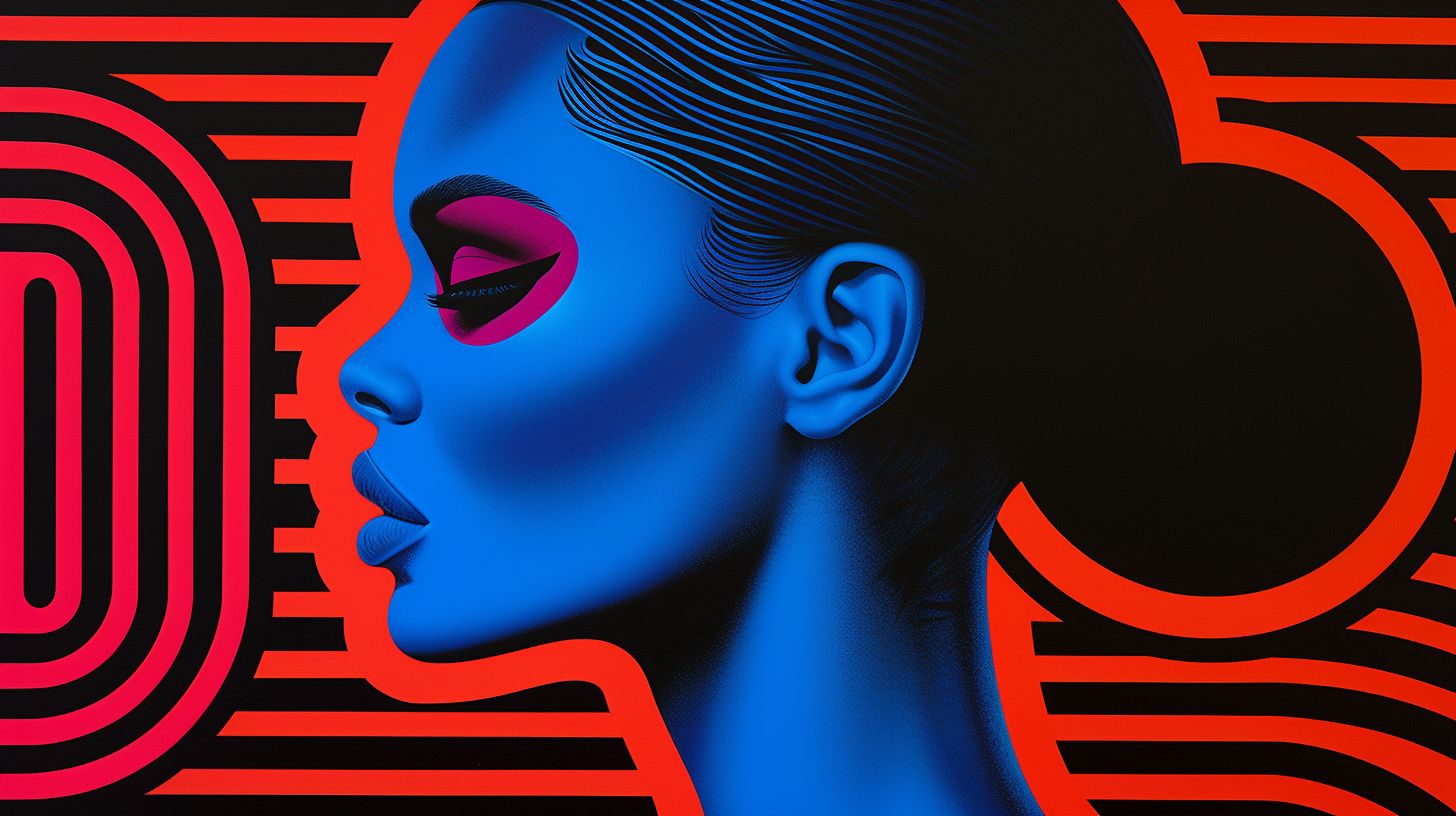 In a wide format, depict a woman's face in profile,...