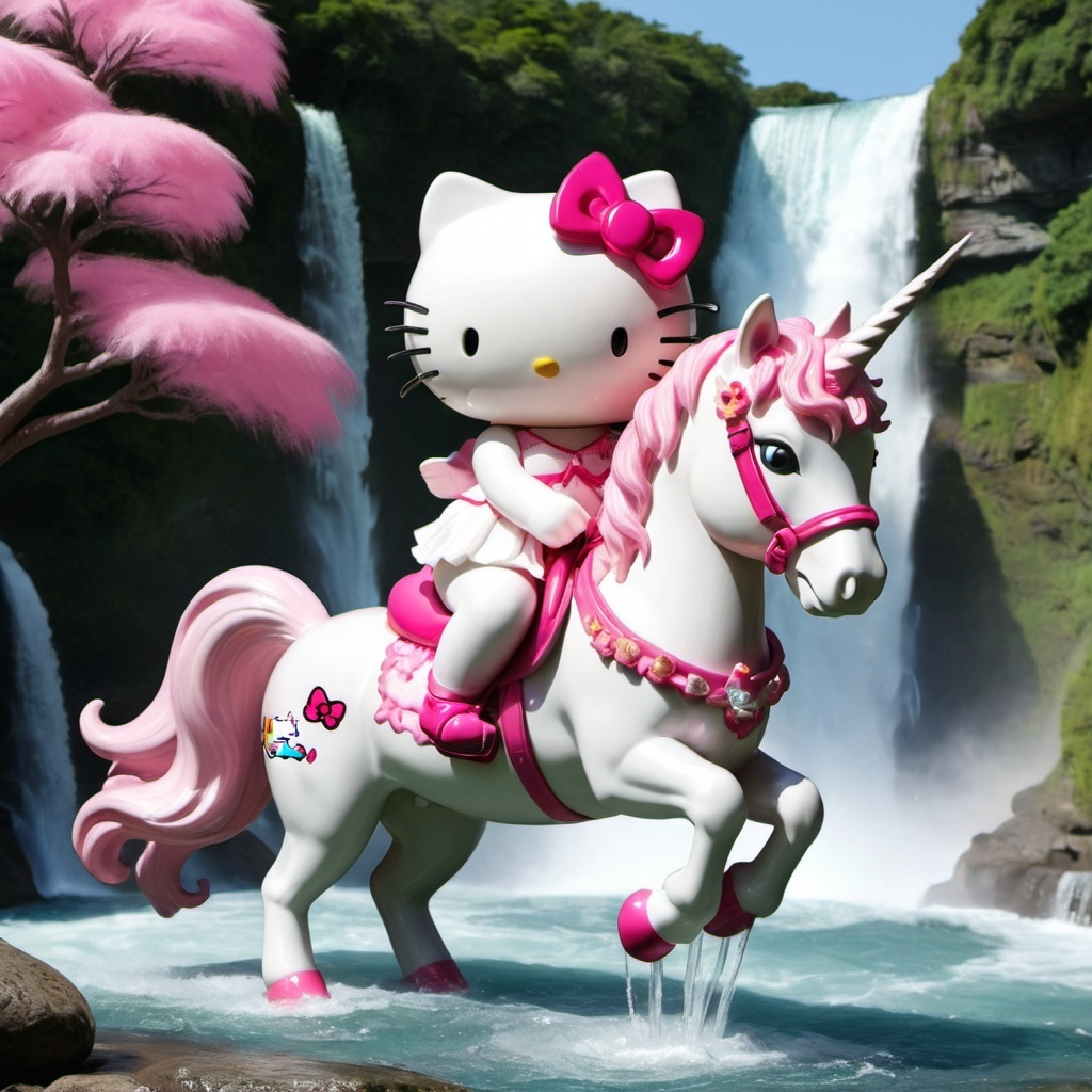 Hello Kitty riding a white and pink unicorn in front...