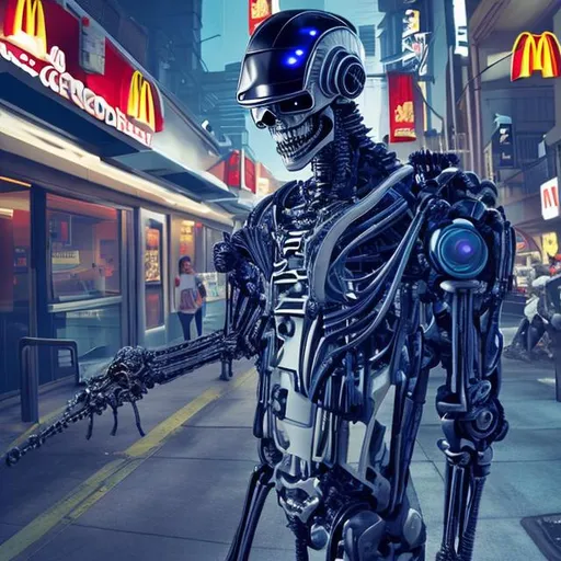 robo-cop skeleton, cyber punk, working at McDonalds