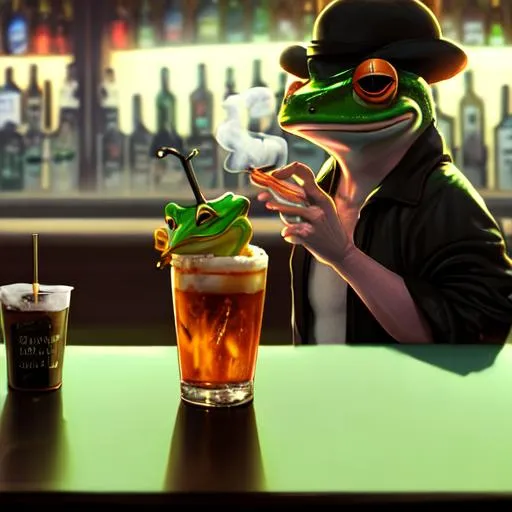 Kermit the frog drinking beer in the bar with friends | OpenArt