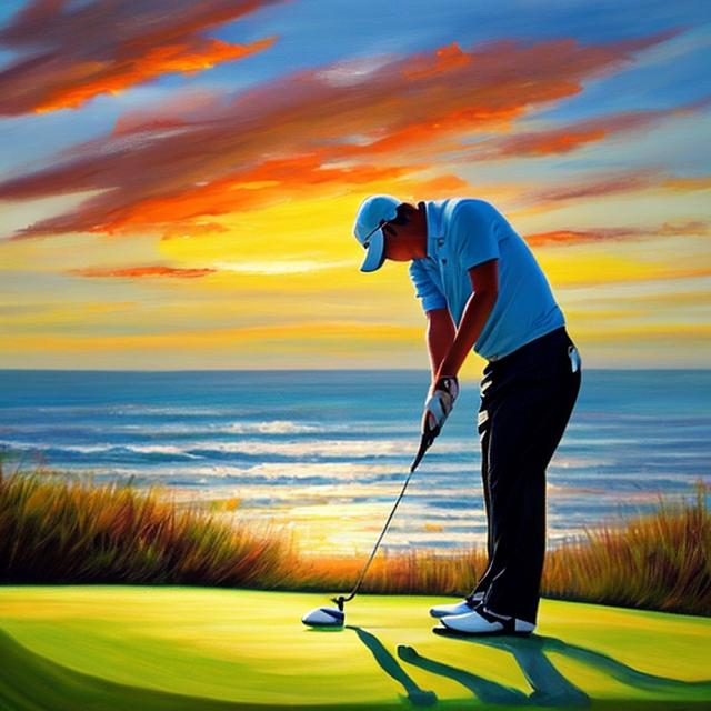 painting of golfer on a golf course with an ocean su...