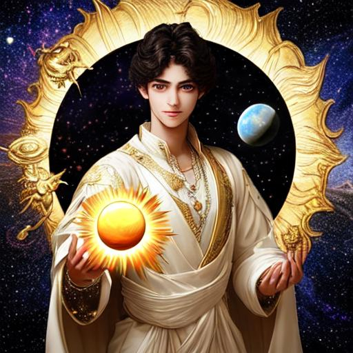 A 25 years old prince is holding the sun and moon in... | OpenArt