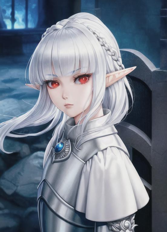 Female with silver hair, portrait, elf, red eyes, 4k...