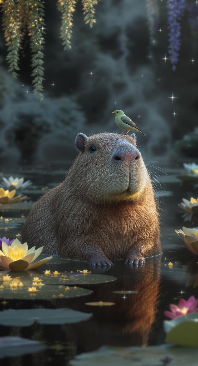 A relaxed, photorealistic capybara sitting calmly in...