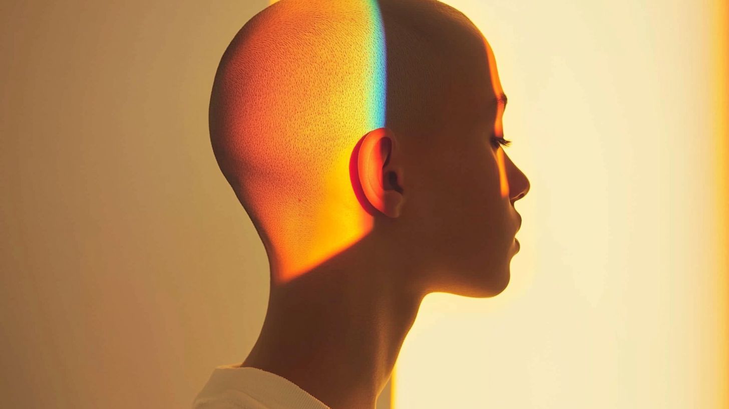 close up metallic head in mirror box with swirling r...