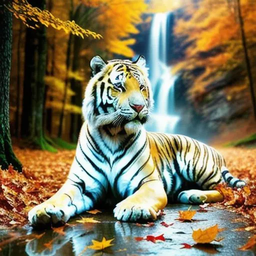 tiger atop a waterfall with sunrise over head | OpenArt