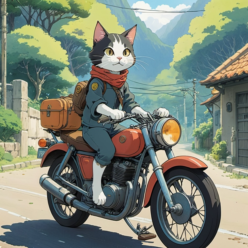 2d studio ghibli anime style, cat on motorcycle, ani...