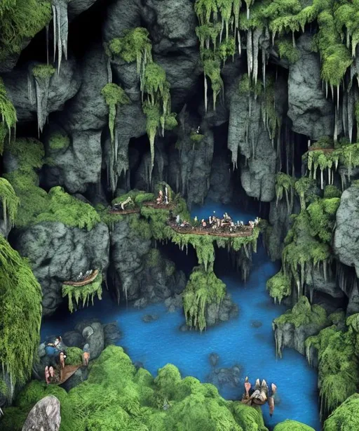 realistic closed dark cave, rock paths up tall walls... | OpenArt