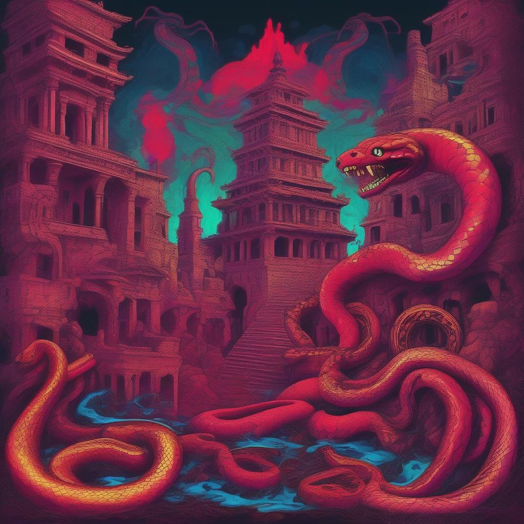 Crimson Riot, ancient city, snakes in the shadows, m...