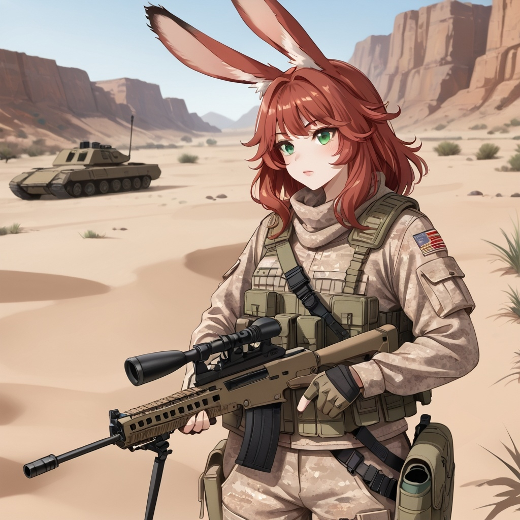 Female viera with red hair, green eyes, wearing a de...