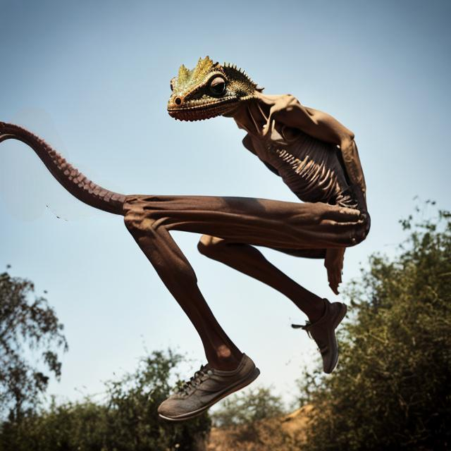 skinny man with the head of a lizard, jumping around...