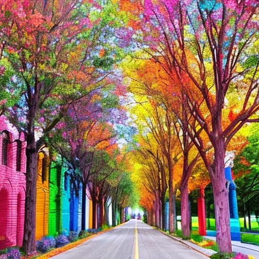 A beautiful road paved with colorful bricks with all...