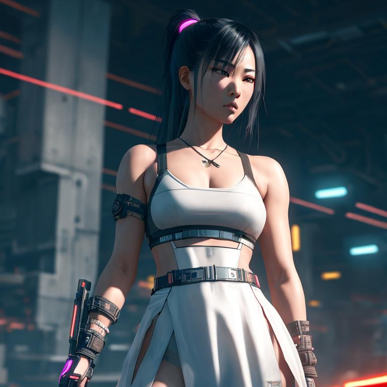 Fierce asian girl with tech arm blade with neon trim...