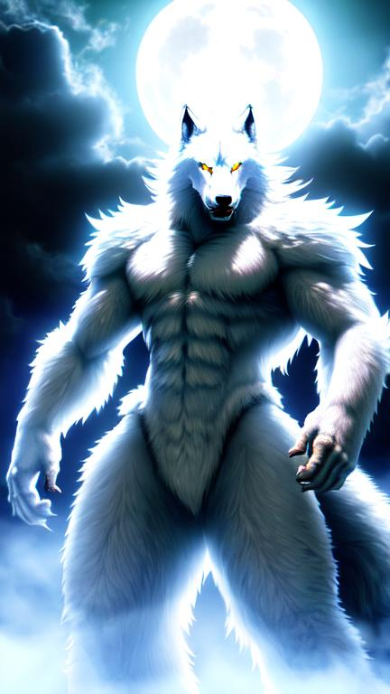 Huge White werewolf king of the monsters with glowin...