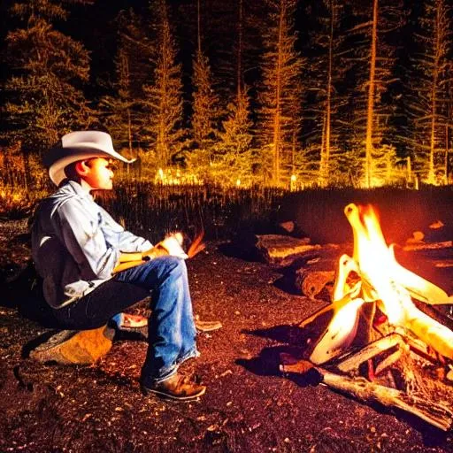 Cowboy sitting next to a campfire at night | OpenArt
