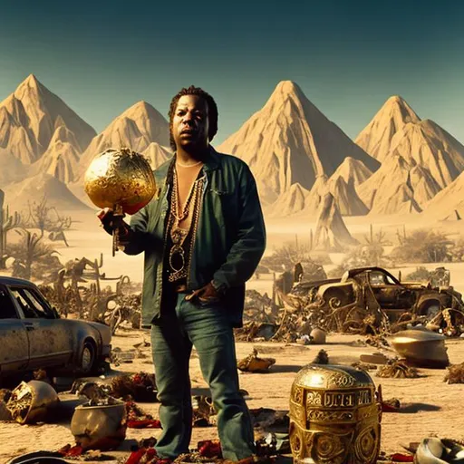 Photorealistic. In the foreground, a man is holding...