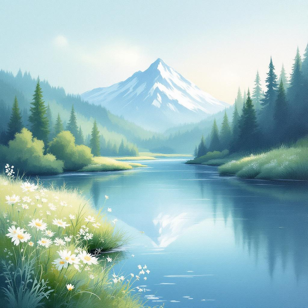 minimalist impressionist painting of a mountain and...