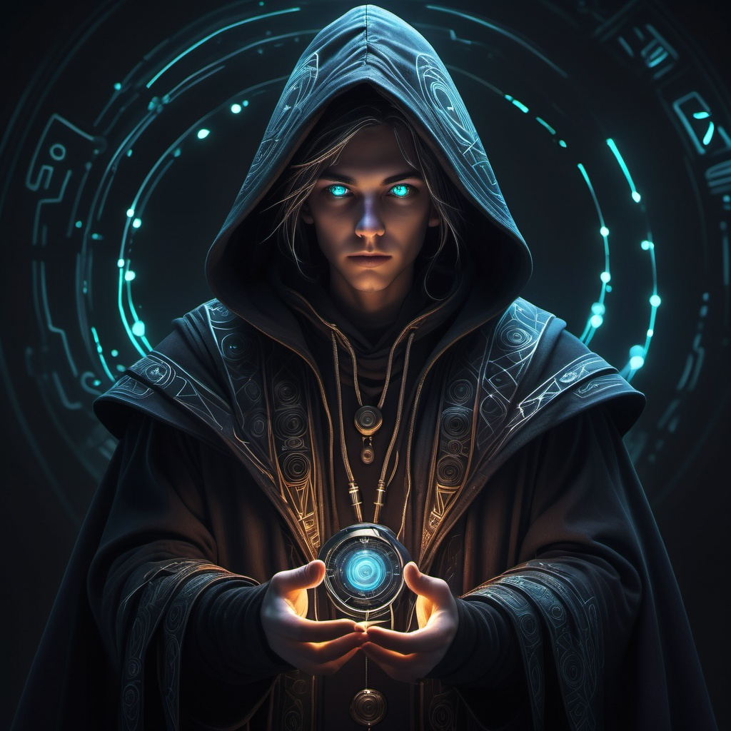 A mysterious techno-mage, long dark cloak with a hoo...
