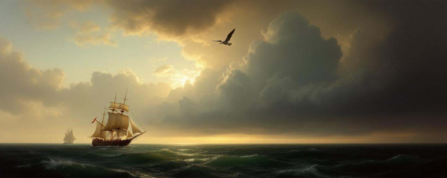 A tilted sail ship in the distance on the left side...