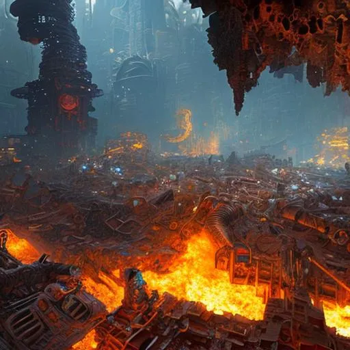 (steampunk), Wide shot of mining large cavern filled... | OpenArt
