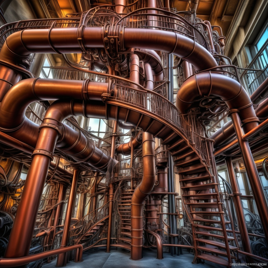Large pipe sculpture, multiple pipes spiraling aroun...
