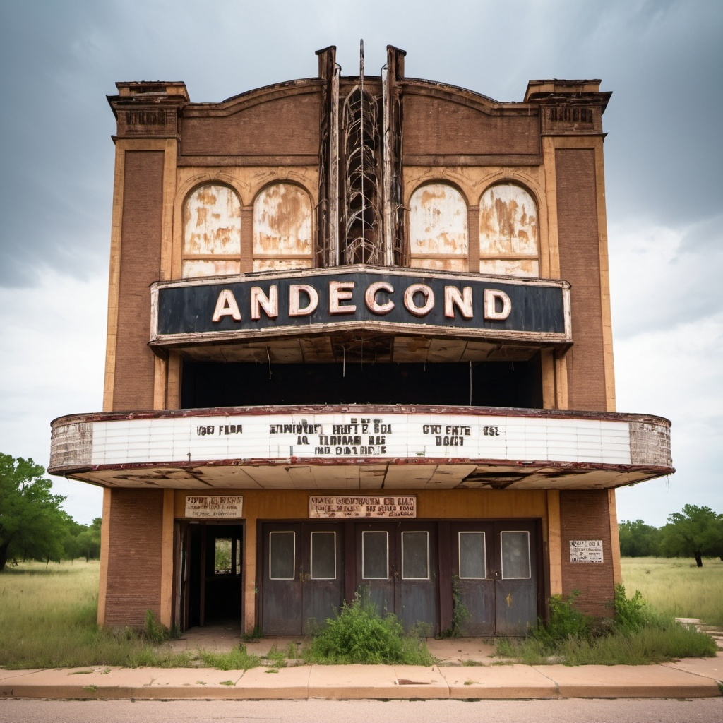 Front view of the outside of an abandoned theater in...