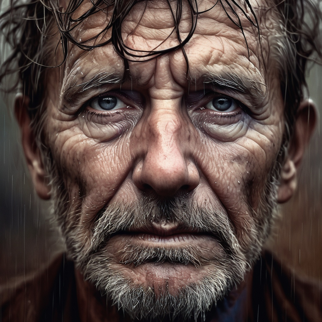 A weathered man gazes intensely into the viewer’s ey...