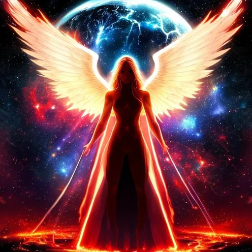 An angel creating a galaxy with 4 arms, blue eyes,so...
