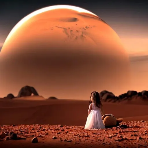little girl alone on Mars with a teddy bear in her hand