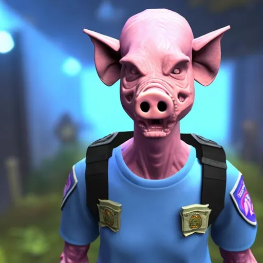 A pink-skinned, zombfiede humanoid pig-police office... | OpenArt