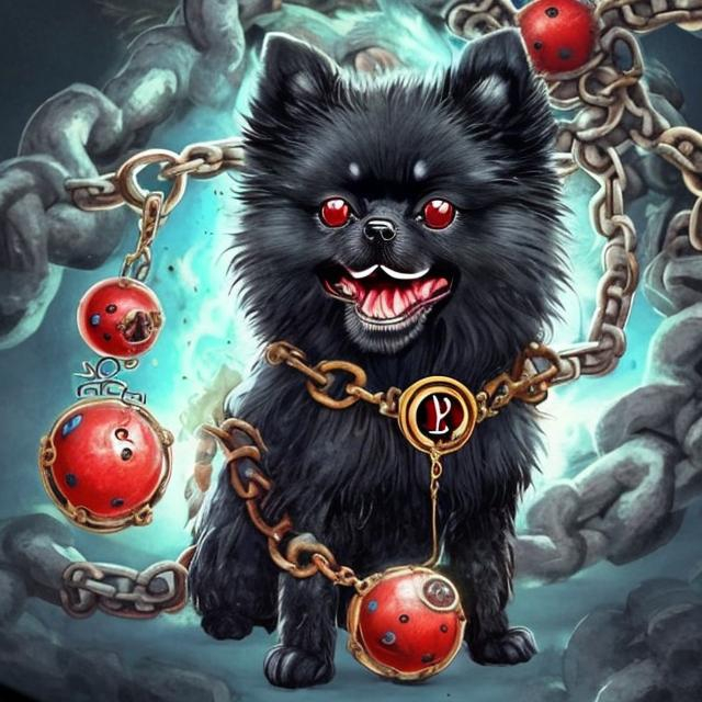 Black pomeranian with red eyes with devil creature i...