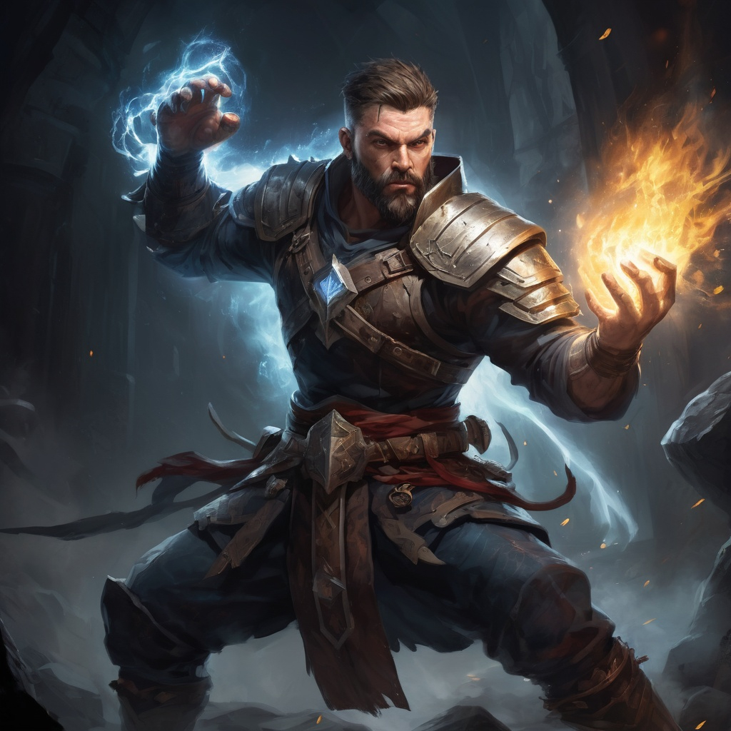 Male stocky large muscular battle-mage with short-cu...