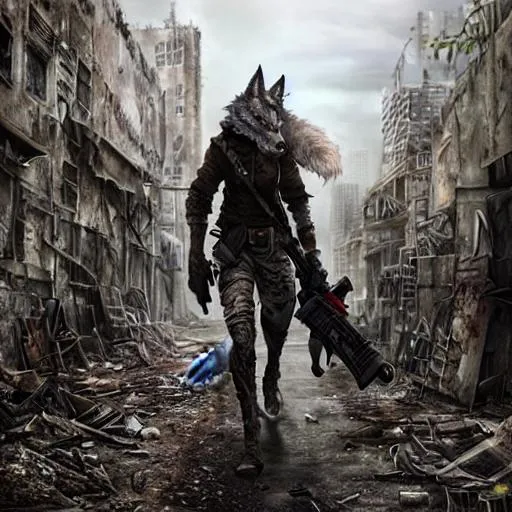 The world is post apocalyptic, a wolf carrying his r...