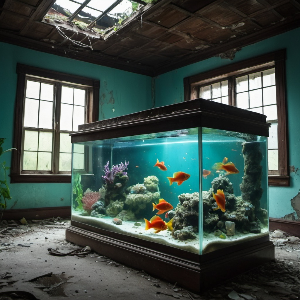 There’s a fish tank with exotic fish and coral in an...