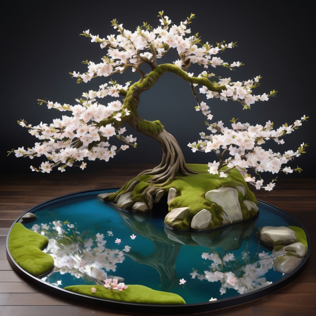 Photorealistic miniature sakura tree with white blos...