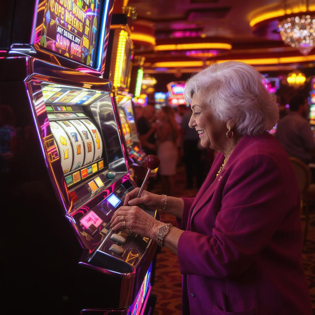 senior lady playing large slot machine with a bar in...