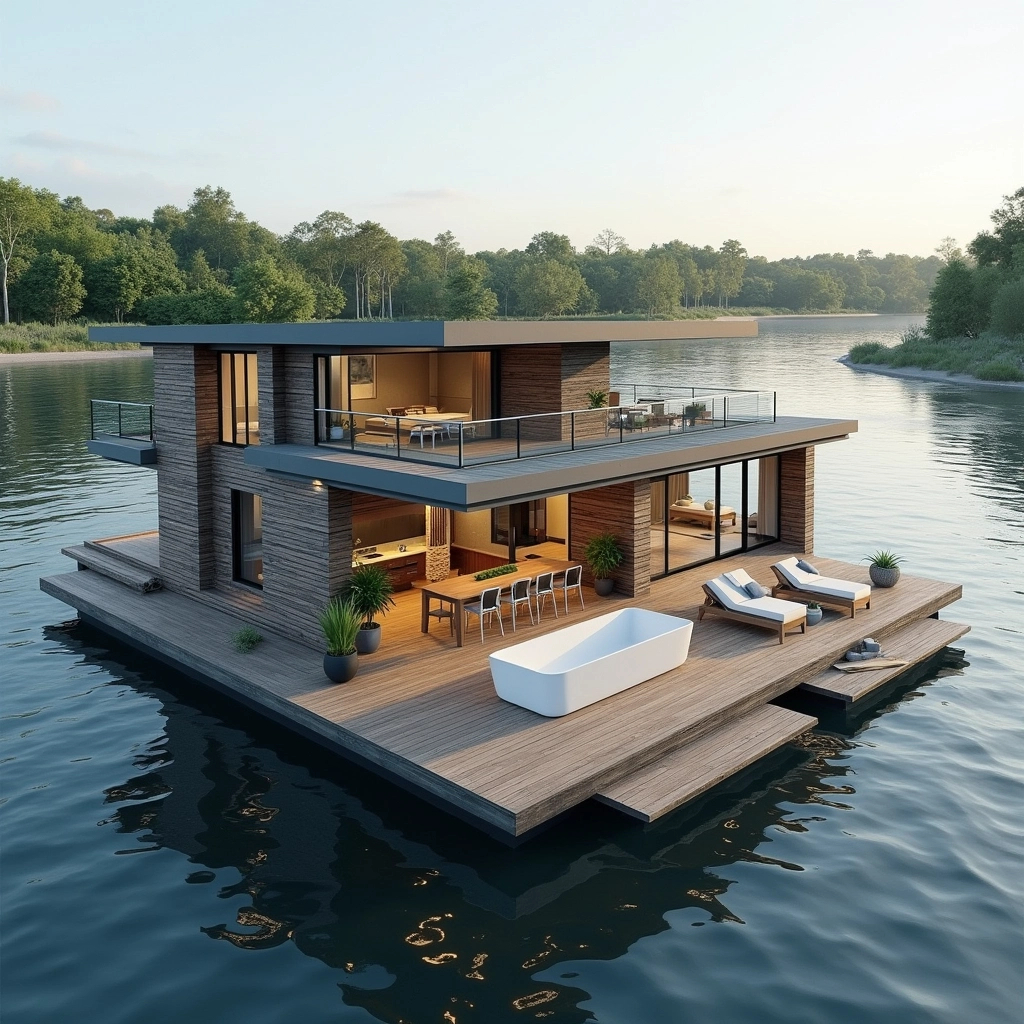 A floating. Home on water with all environment. Issu...