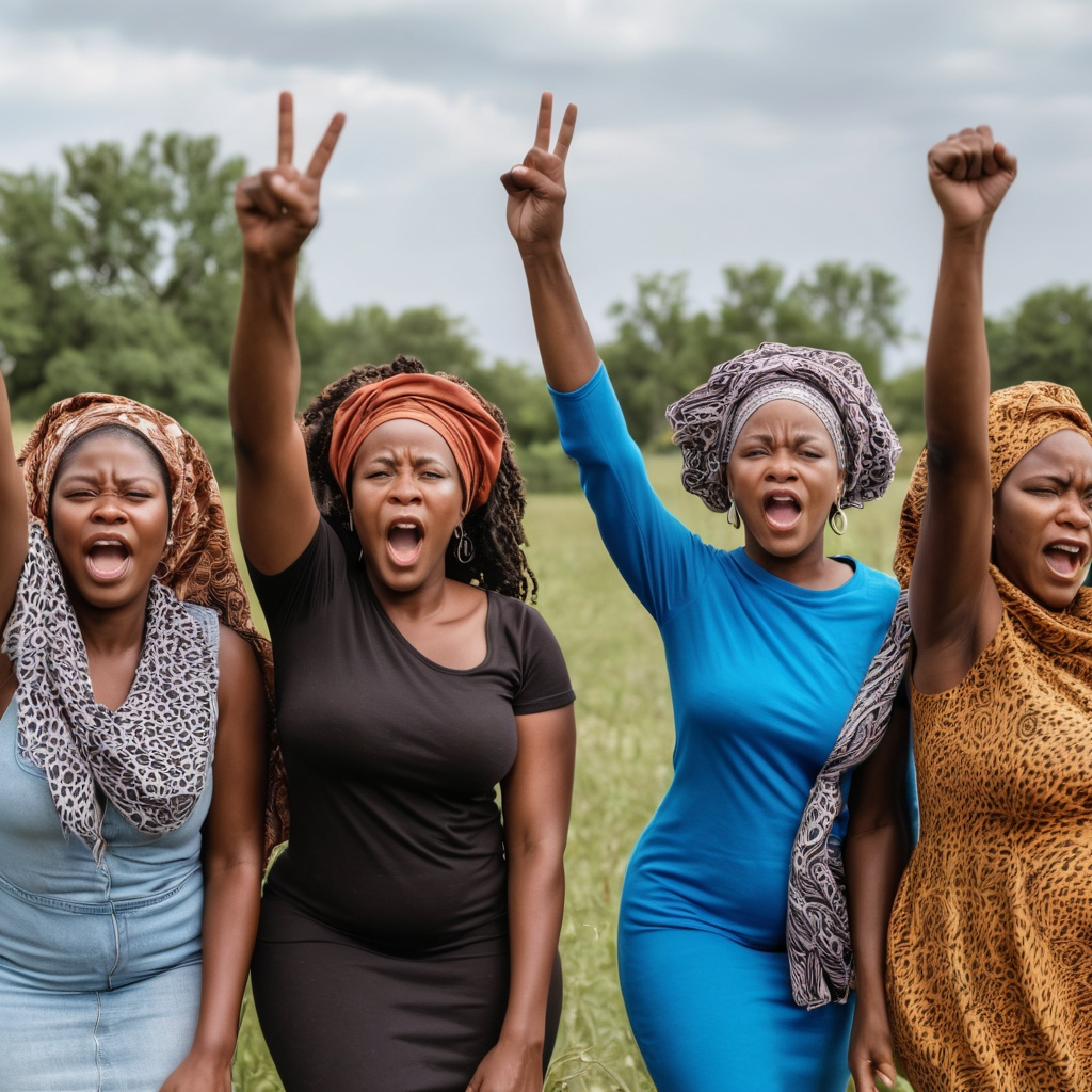 group of rural black women with doek shouting and ra...