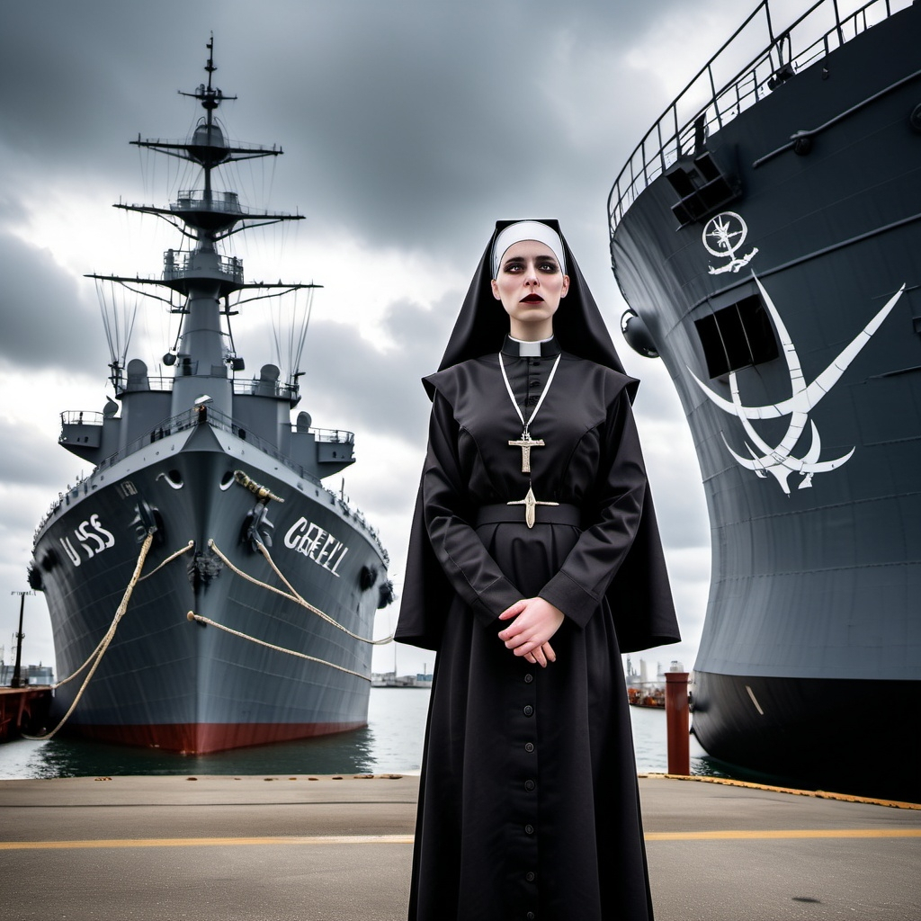A young beautiful goth catholic nun standing in fron...