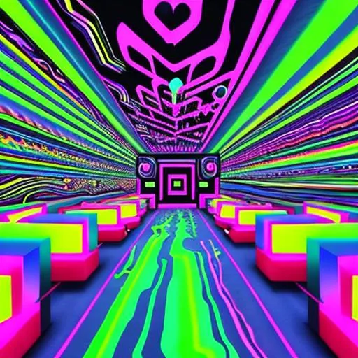 As you enter the room, a wave of neon colors and tri... | OpenArt