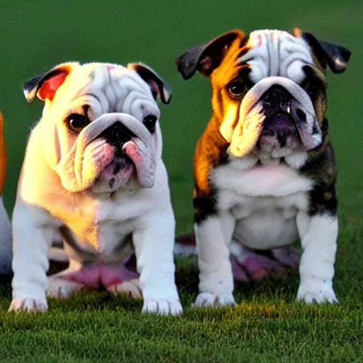 pretty bulldog puppies with a sunset | OpenArt