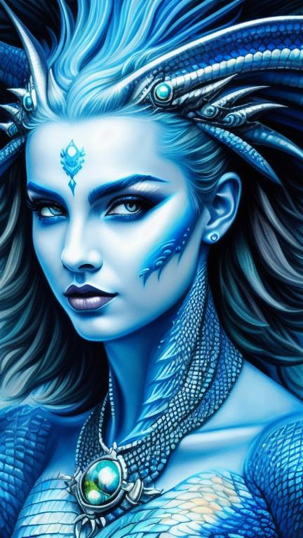 futuristic portrait painting of a evil blue dragon g...