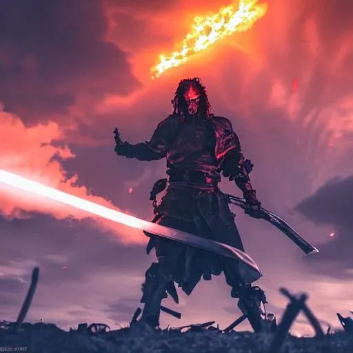 A demon slayer emerging from the shadows of a ruined... | OpenArt