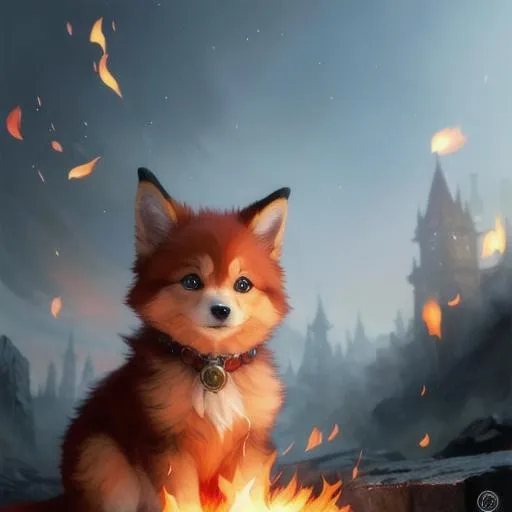 Cute, red, fluffy, fire puppy, possessing the elemen...