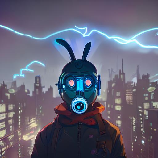 A animatronic large human like bunny with gas mask w...