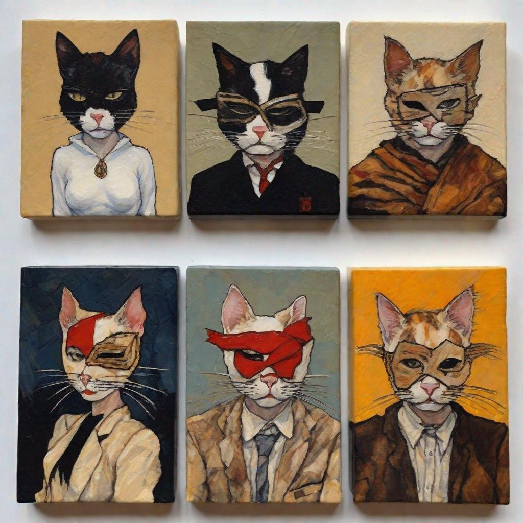 various acrylic paintings of "cats wearing human mas...
