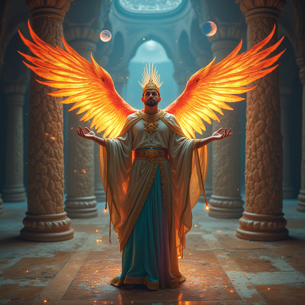 Masculine healer magician with phoenix and rainbow d...