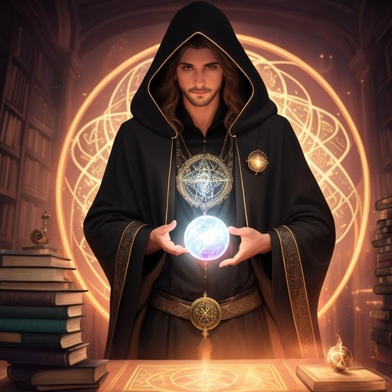 front view of male sorcerer standing before a glowin...